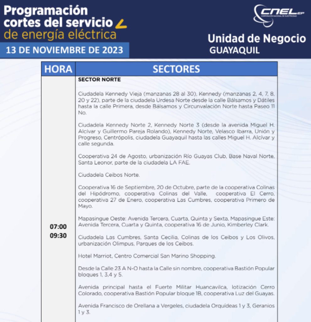 Cortes De Luz En Guayaquil Horarios Del Lunes 13 De Noviembre